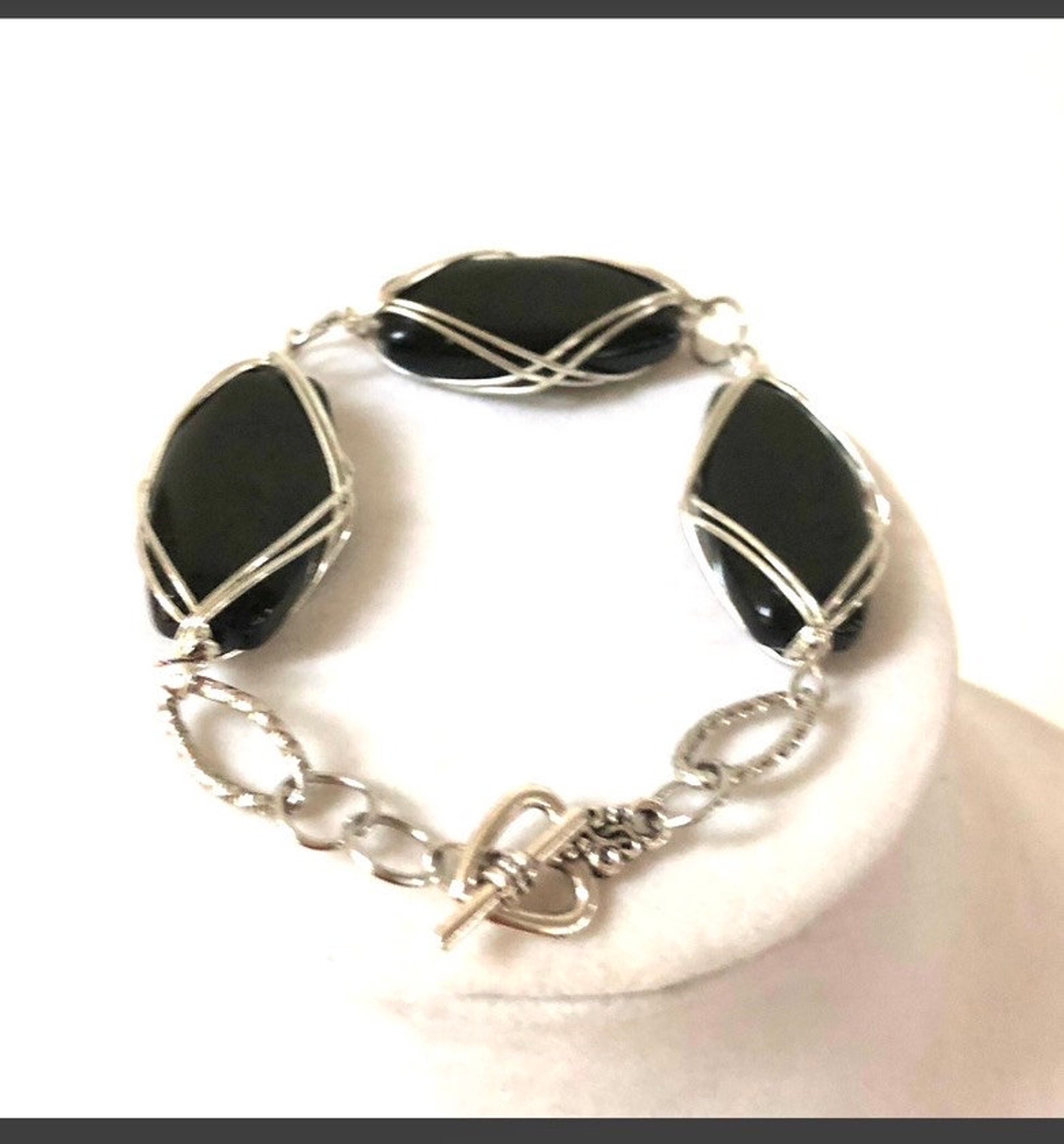 Wire Wrap Stone Bracelet Black Silver Bracelet Onyx - Etsy