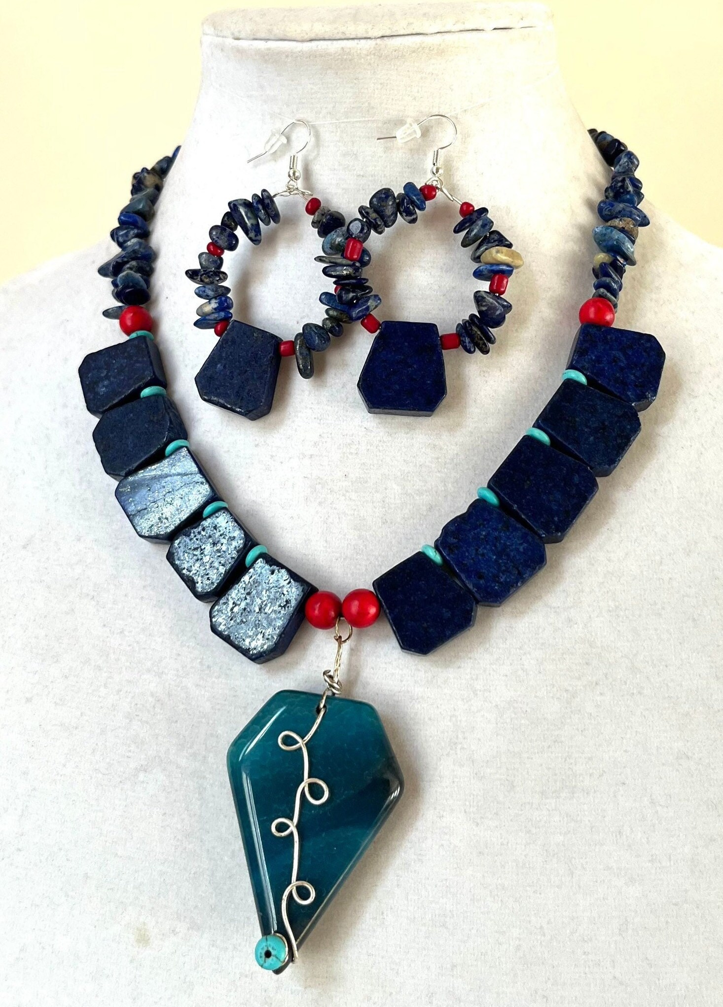 Blue Beaded Necklace, Lapis Collar Necklace, Lapis Earrings, Blue ...