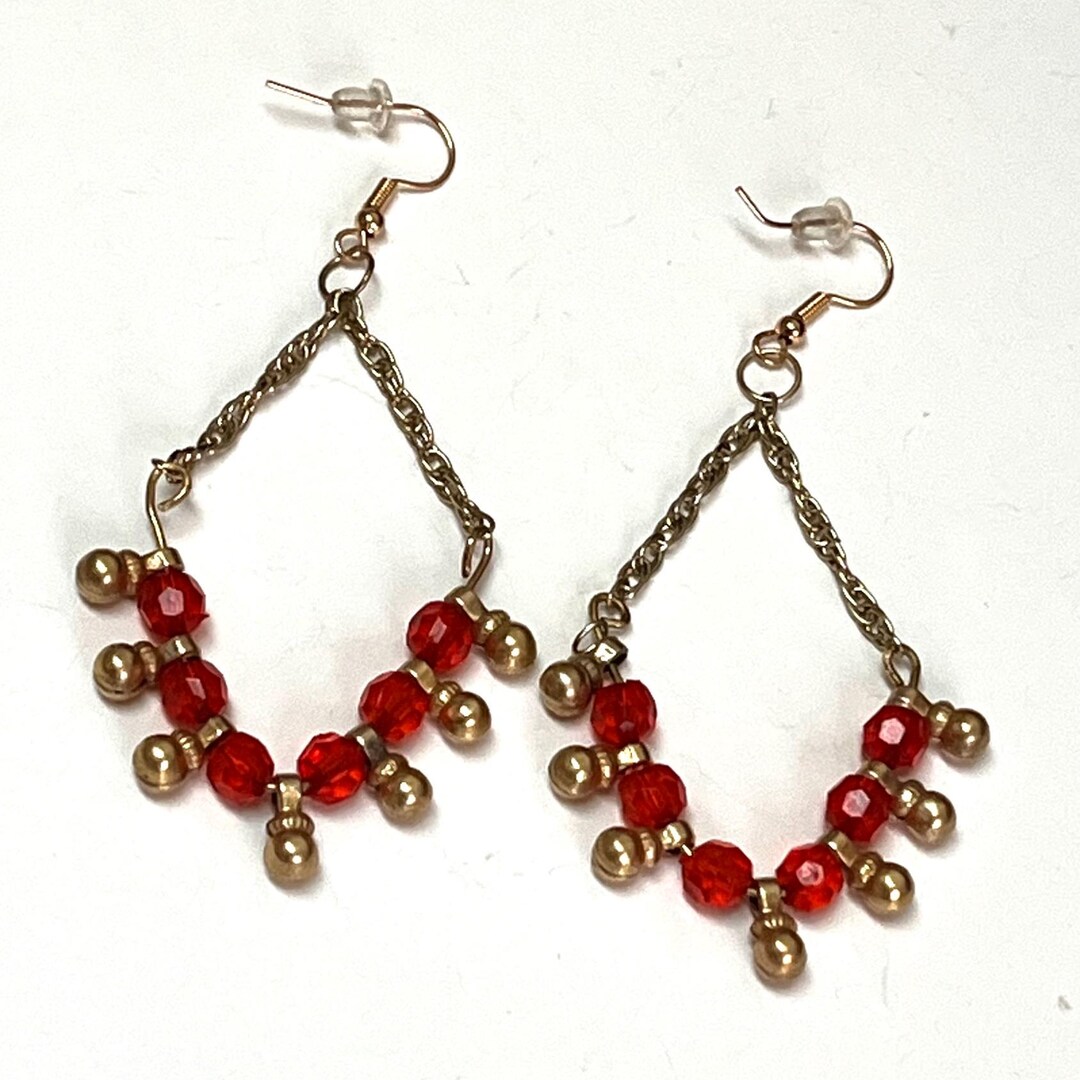 Red Crystal Dangle Earrings, Sparkly Red Gold Earrings, Large Red ...