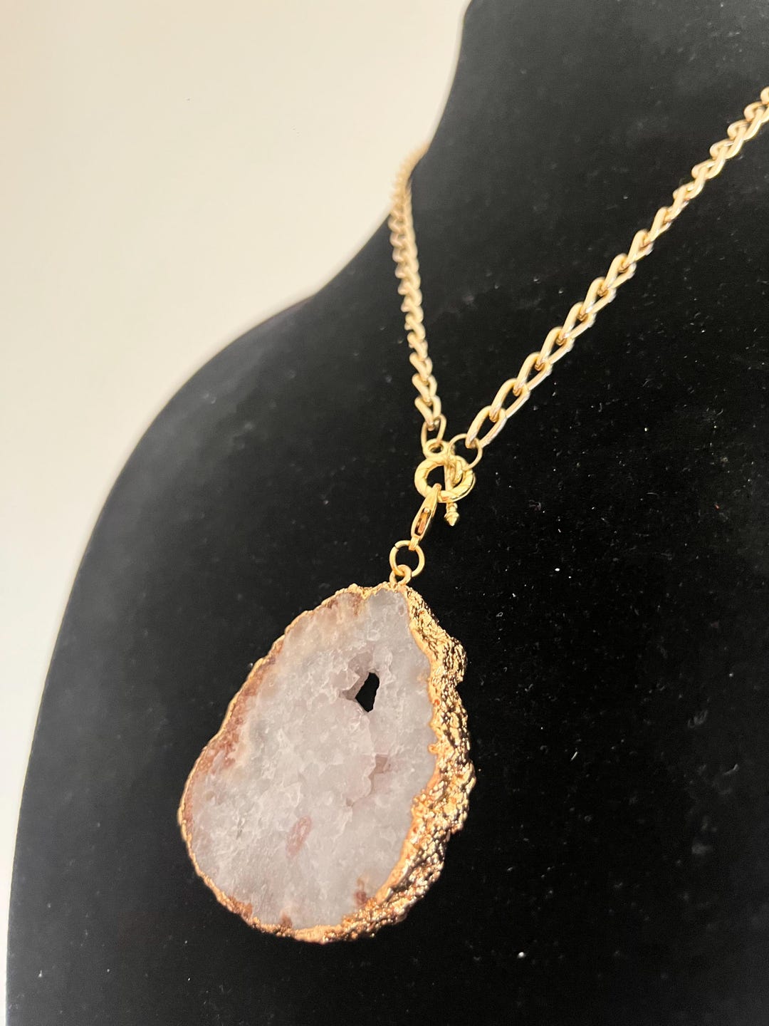 Golden Chian With Chunky White Druzy Pendant: Boho Raw Gemstone ...