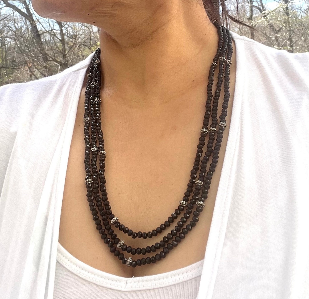 Multistrand Black Beaded Necklace, Black Onyx Gemstone Necklace, Gift ...