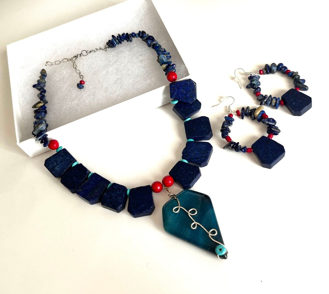 Blue Beaded Necklace, Lapis Collar Necklace, Lapis Earrings, Blue ...