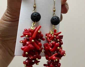 Red Coral Stone Earrings, Red Coral and Lava Earrings, Natural Raw ...