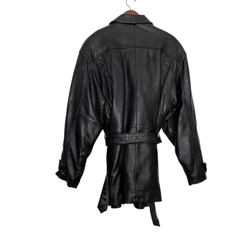 Vintage IOU Black Leather Belted Trench Coat Mens Size M Vintage ...