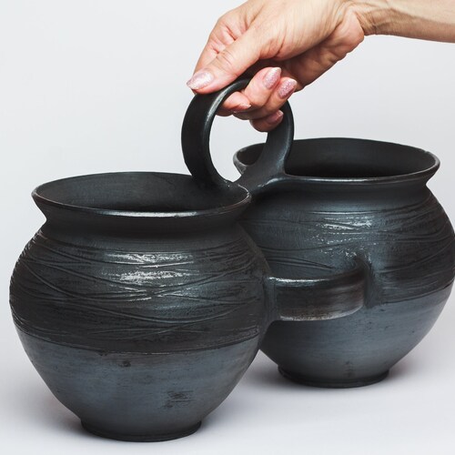 Dusty Pottery Vessel Twins Pot Black Double Clay Pot Wabi Sabi | Etsy