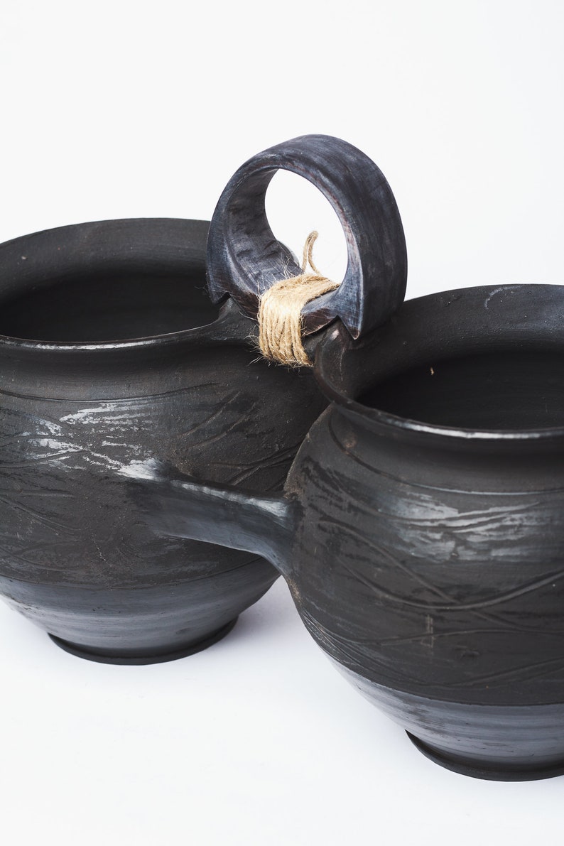 Dusty Pottery Vessel Twins Pot Black Double Clay Pot Wabi Sabi - Etsy