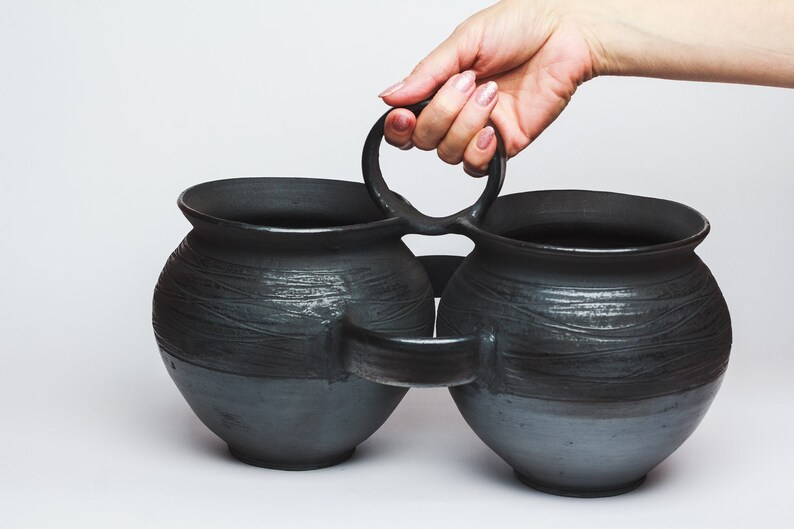 Dusty Pottery Vessel Twins Pot Black Double Clay Pot Wabi Sabi | Etsy