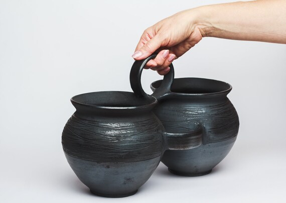 Dusty Pottery Vessel Twins Pot Black Double Clay Pot Wabi Sabi | Etsy