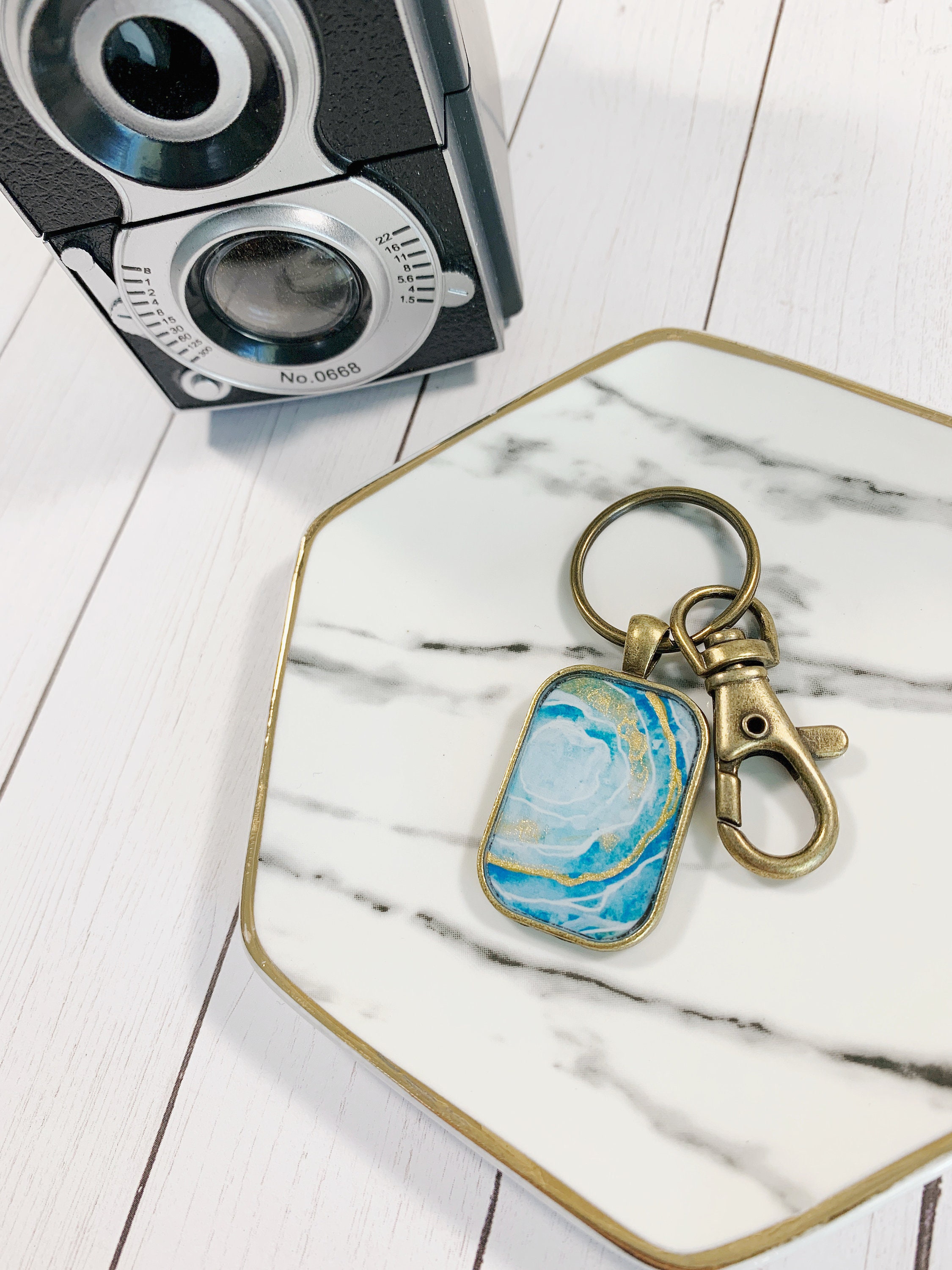 Teal Agate With Gold Details Resin Art Keychain - Etsy