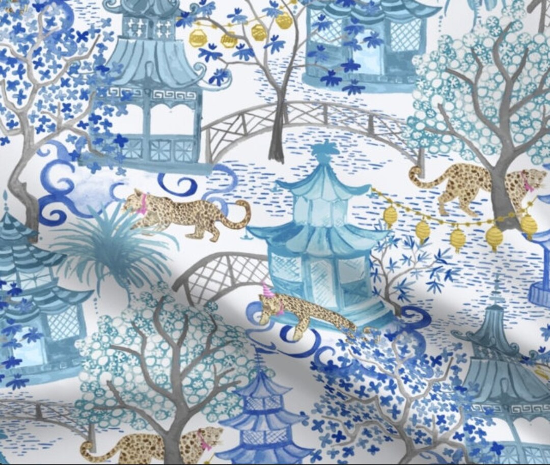 Pagoda Leopard Chinoiserie Blue Teal Aqua Grey Brown Gold Pink White ...