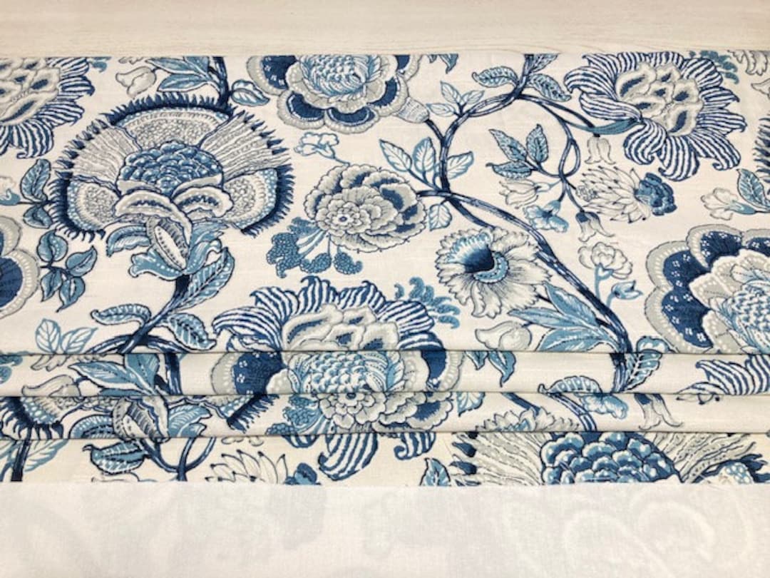 Pretty Jacobean Floral Blue Light Grey White Faux Roman Shade Valance ...