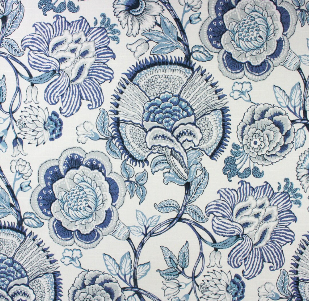 Pretty Jacobean Floral Blue Grey White Faux Roman Shade Valance Window ...