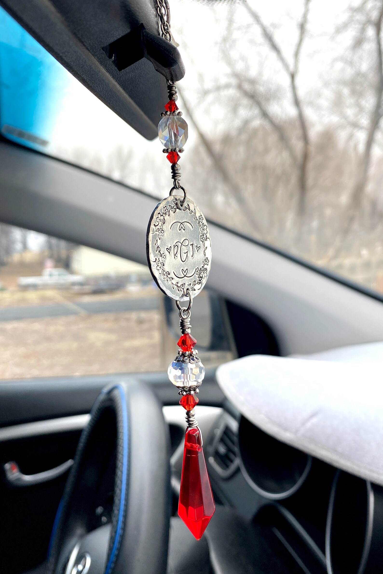 Floral Wreath Monogram Car Charm Rear View Mirror Charm - Etsy