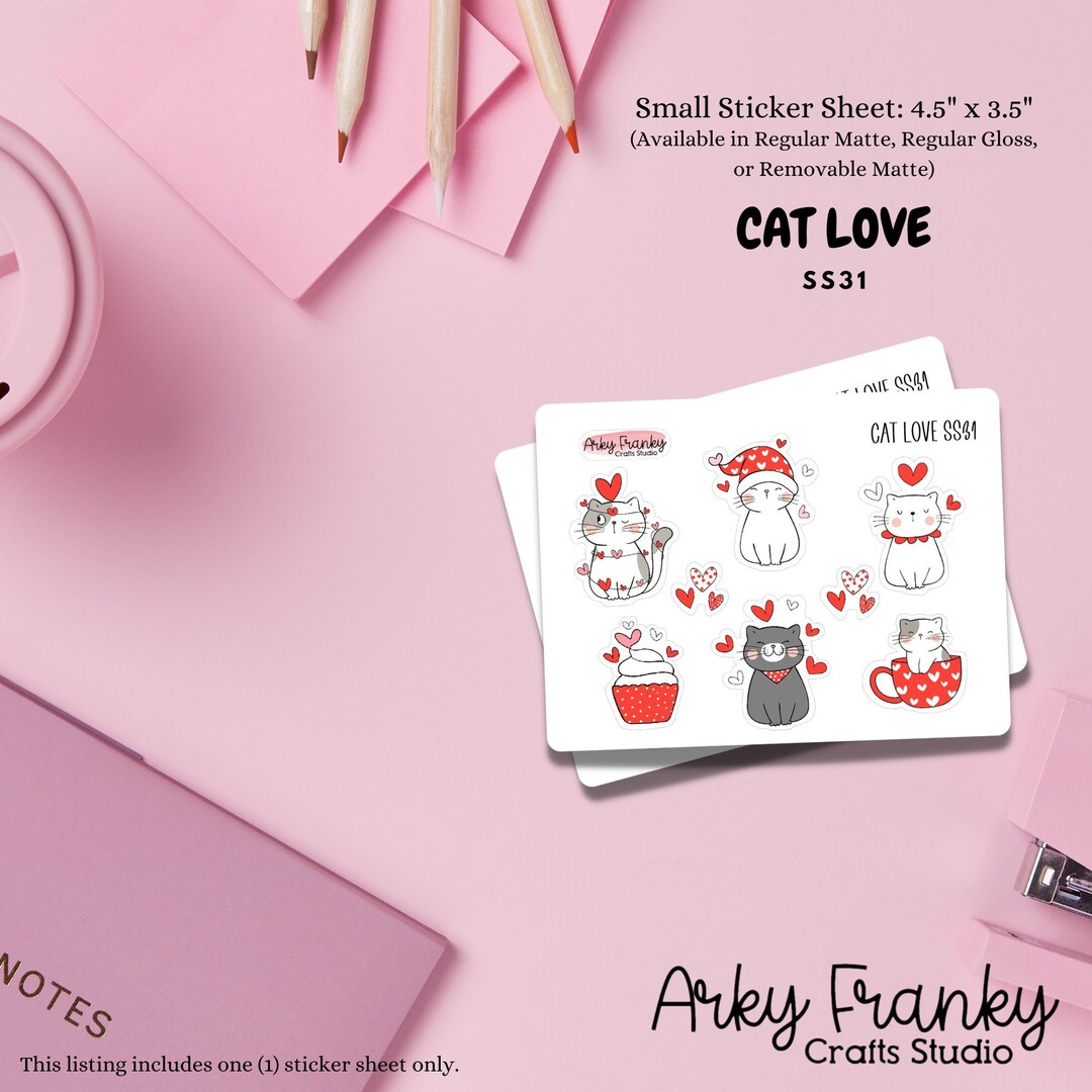 Valentine's Day Cat Love Sticker Sheet SS002 for Planner, Cute Stickers ...