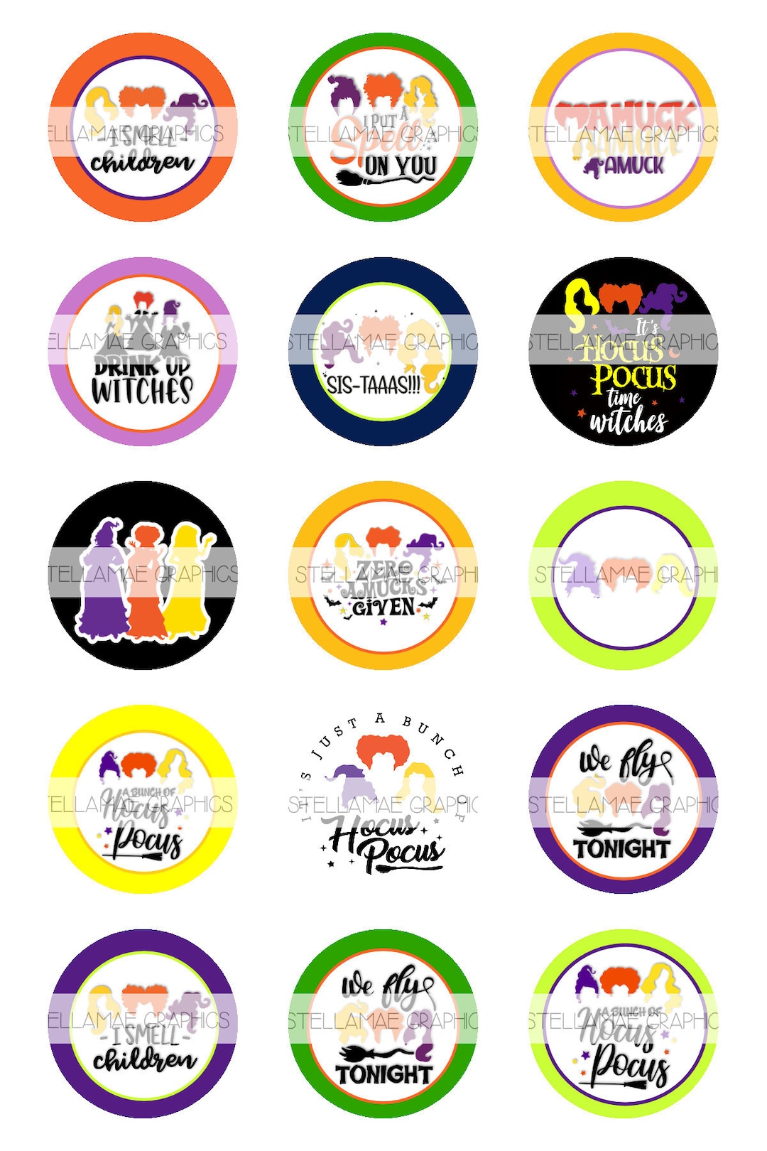 Hocus Pocus - 1 Inch Circle Images, Bottlecap, Cupcake Topper - INSTANT ...