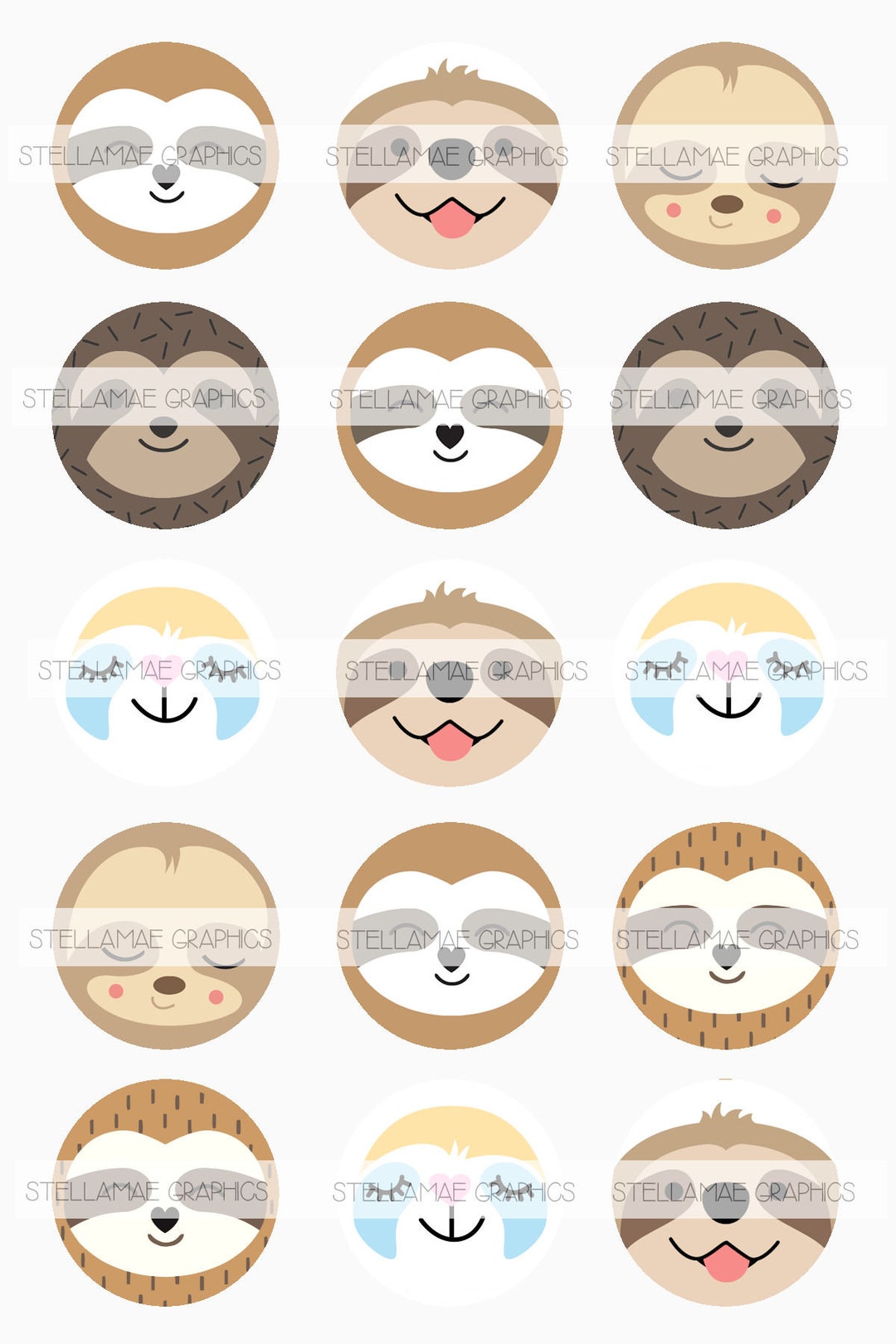 Sloth Faces - 1 Inch Circle Images, Bottlecap, Cupcake Topper - INSTANT ...