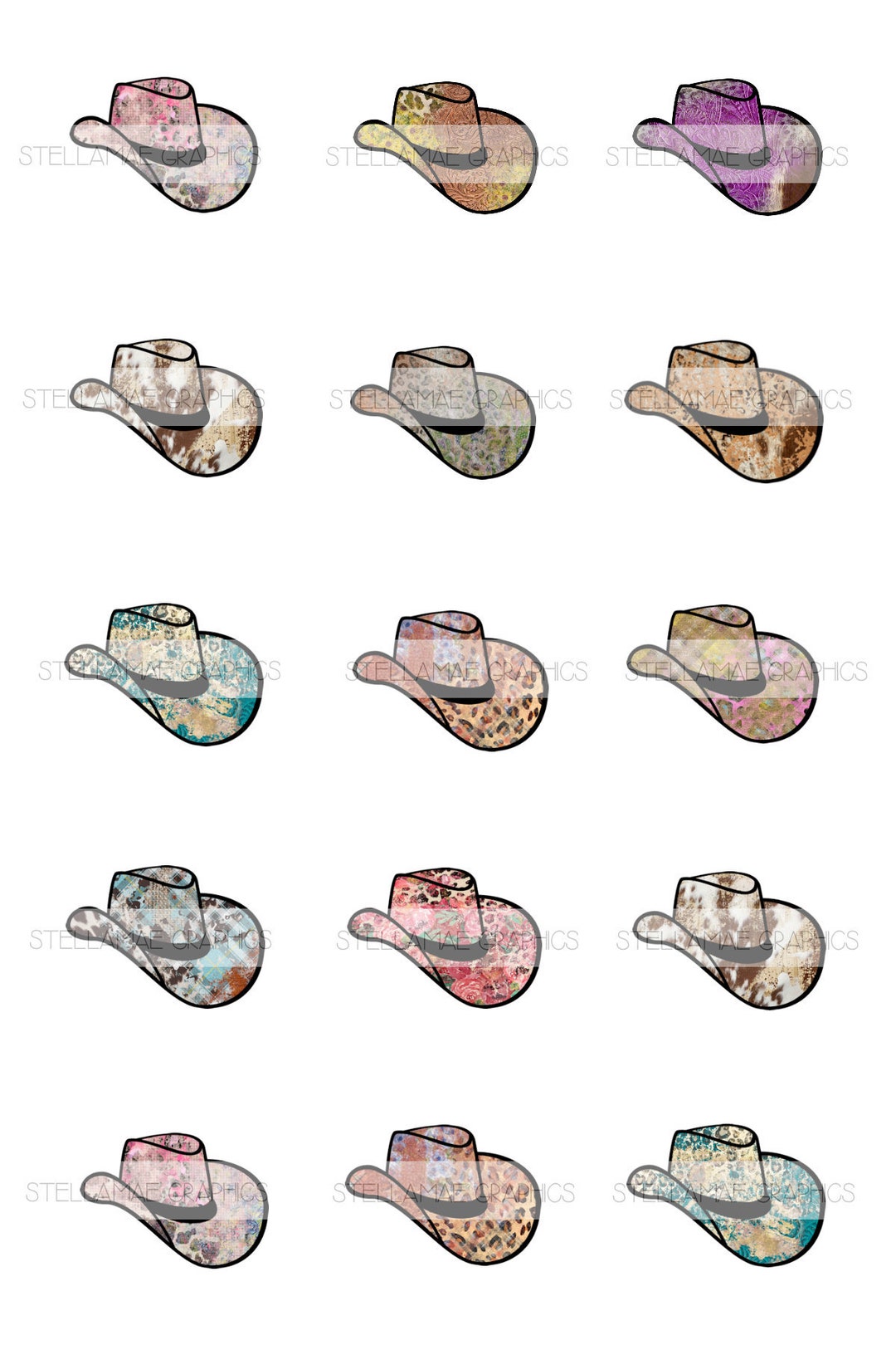 Pattern Cowboy Hats- 1 Inch Circle Images, Bottlecap, Cupcake Topper ...