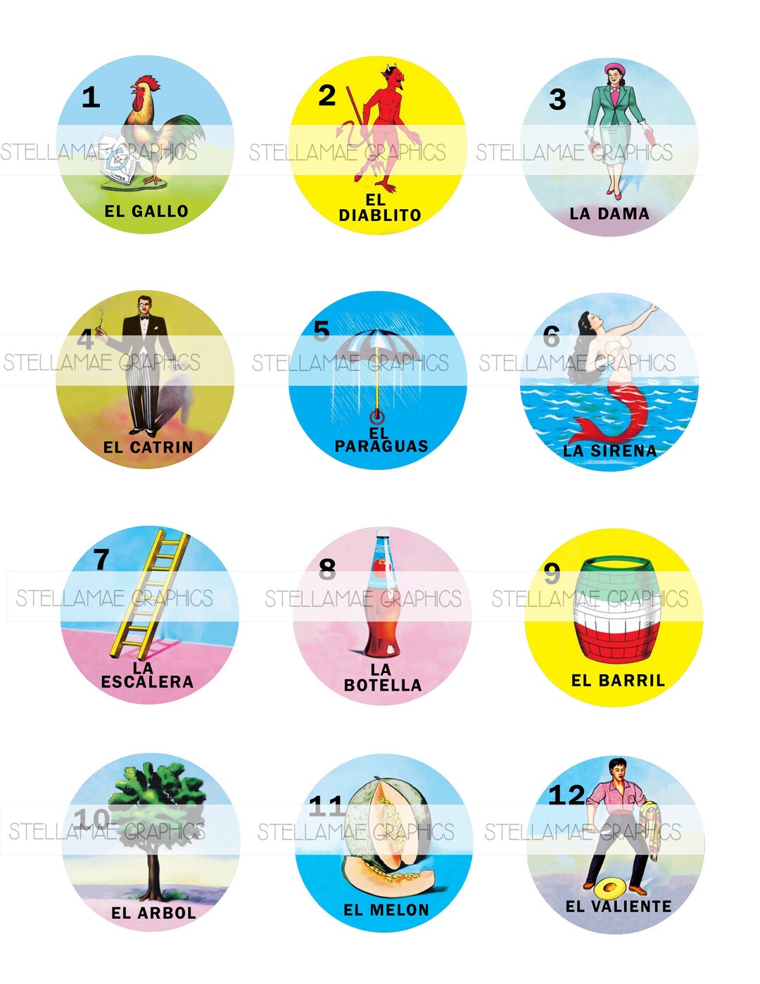 Paquete de Lotería Mexicana 1-60 Imágenes circulares de 2 pulgadas ...