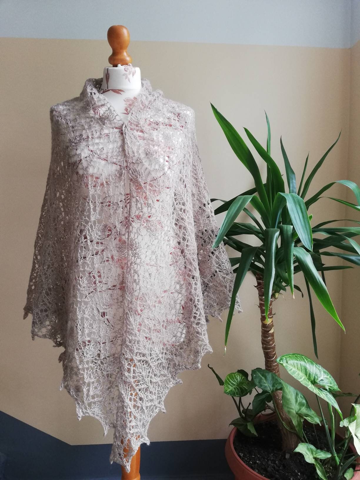 Hand Knit Lace Shawl Gold Sparkle Bride Wrap Rustic Style - Etsy