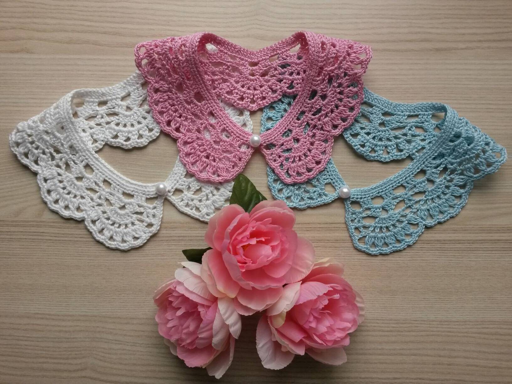 100% Cotton Handmade Crocheted Girl Collar Light Pink or Light Blue or ...
