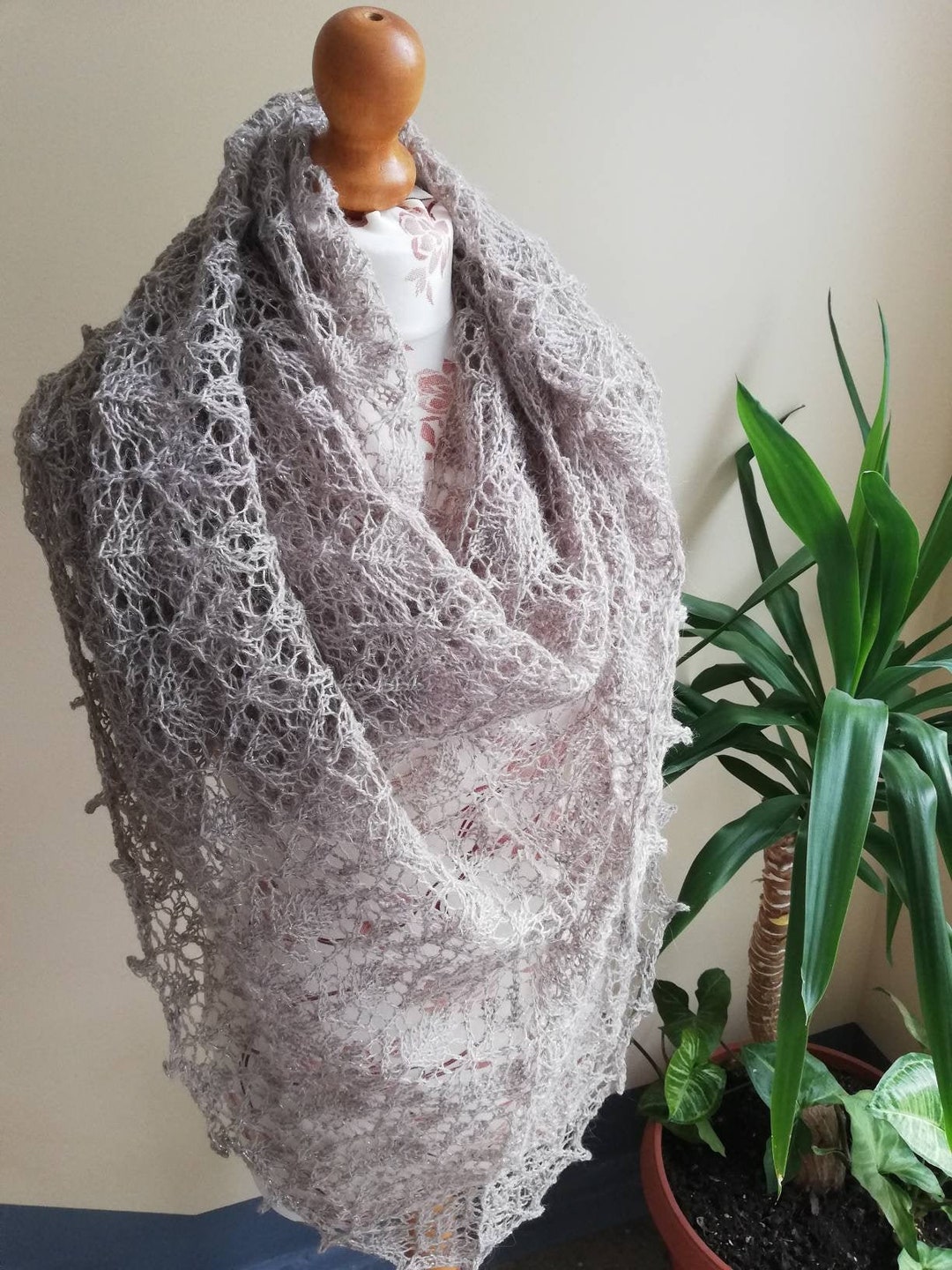 Hand Knit Lace Shawl Gold Sparkle Bride Wrap Rustic Style Wedding Shawl ...