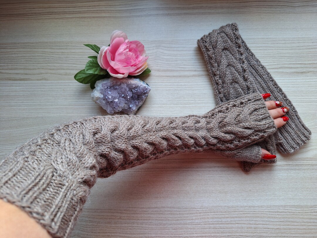 Long Fingerless Gloves Natural Wool Alpaca Hand Knitted Arm Warmers ...