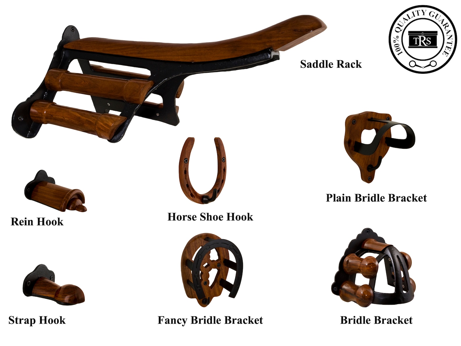 Cast Iron and Wood Saddle Stand, Bridle Bracket, Rein Hook and Strap ...