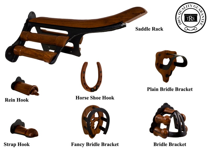 Cast Iron and Wood Saddle Stand, Bridle Bracket, Rein Hook and Strap ...