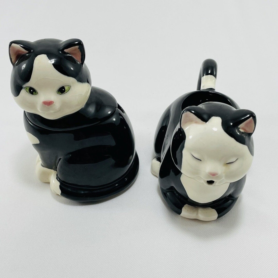 Vintage Applause Cat Creamer Sugar Bowl Set Black White Porcelain ...