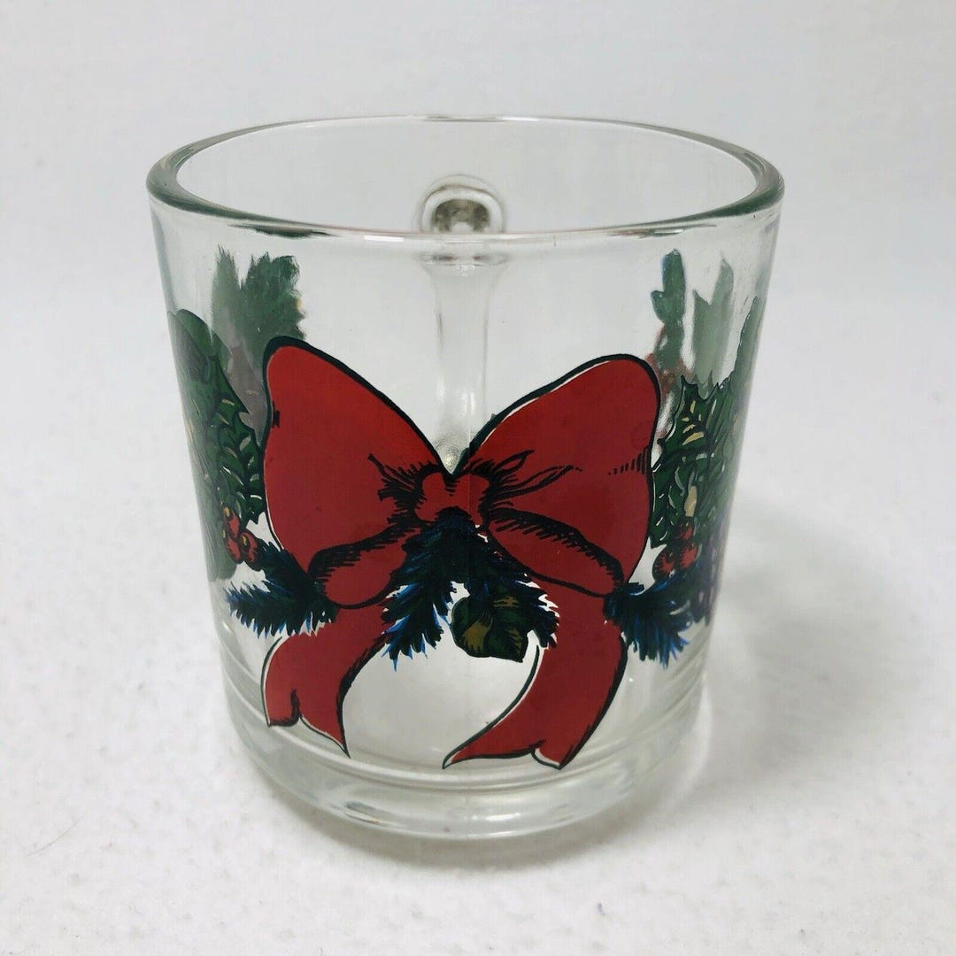 Vintage AHC Christmas Clear Glass Cup USA Wreath Old Handle Red Bow ...