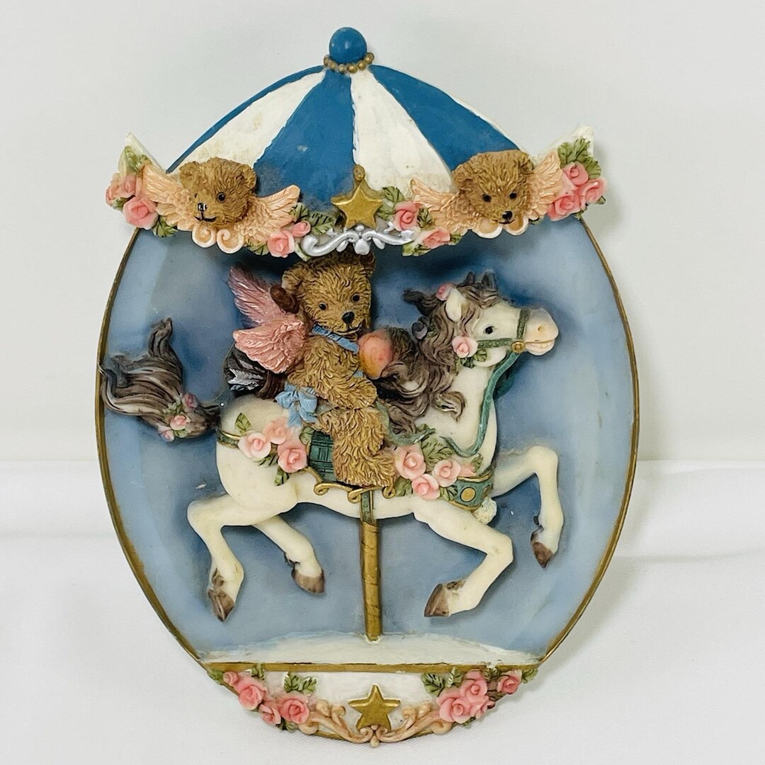 Vintage 1995 Crown Alabaster Sculpture Carousel Bear Angel Horse ...