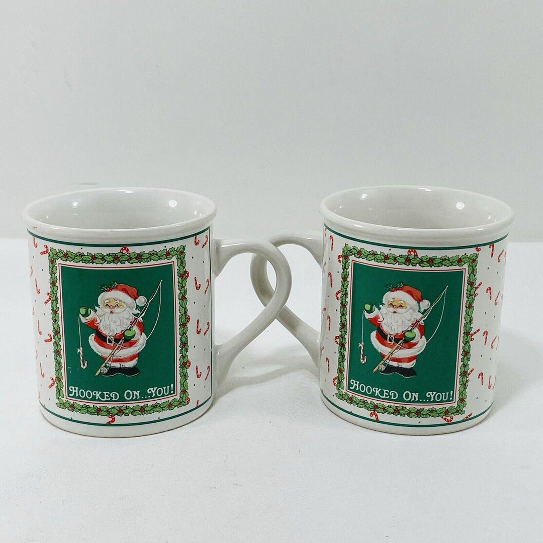 Morehead Enesco Christmas Mug Set Santa Fishing 2 Pair Candy Cane ...