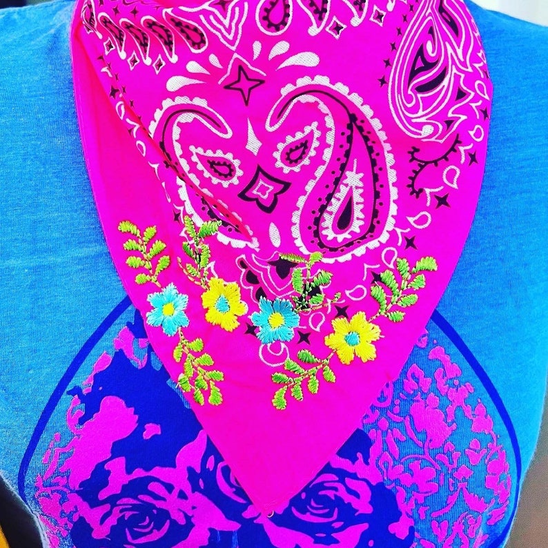 Embroidered Hot Pink Bandana, Neck Bandana, Hair Bandana, Tote Bandana ...