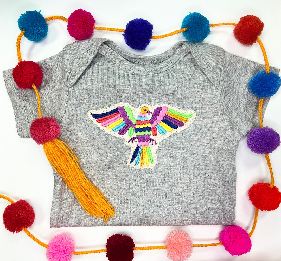 Mexican Otomi Bird Embroidered Heather Grey Baby Suit, Raw Embroidery ...