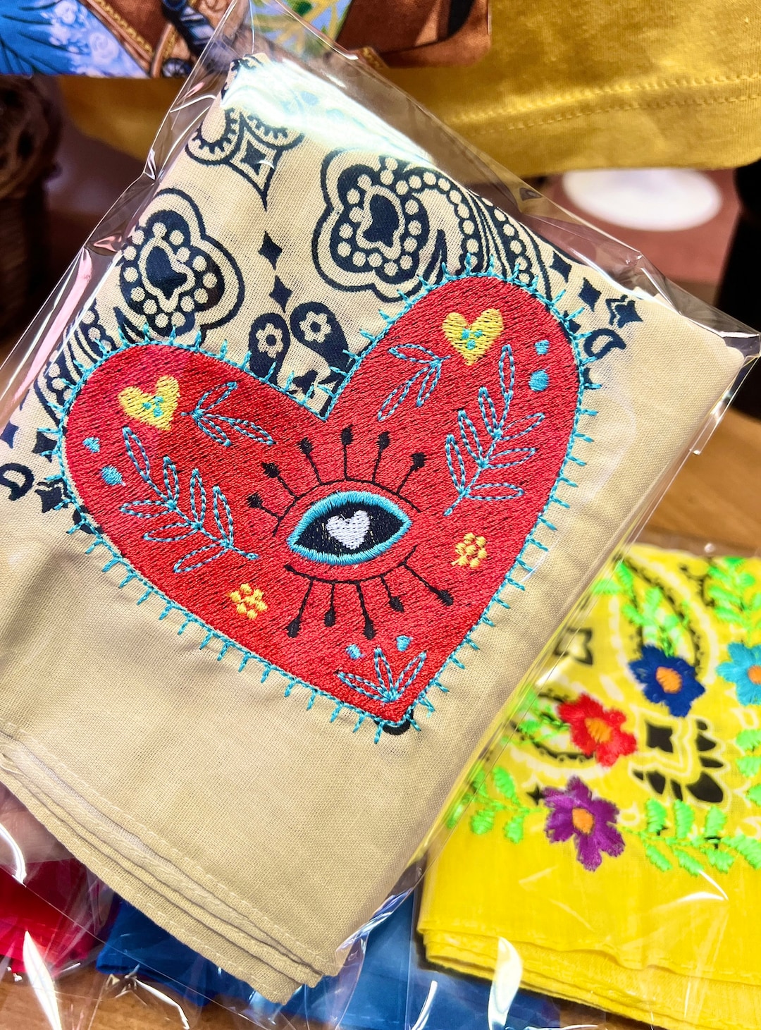 Boho Heart Eye Embroidered Bandana Head Kerchief Necktie Tote Accessory ...