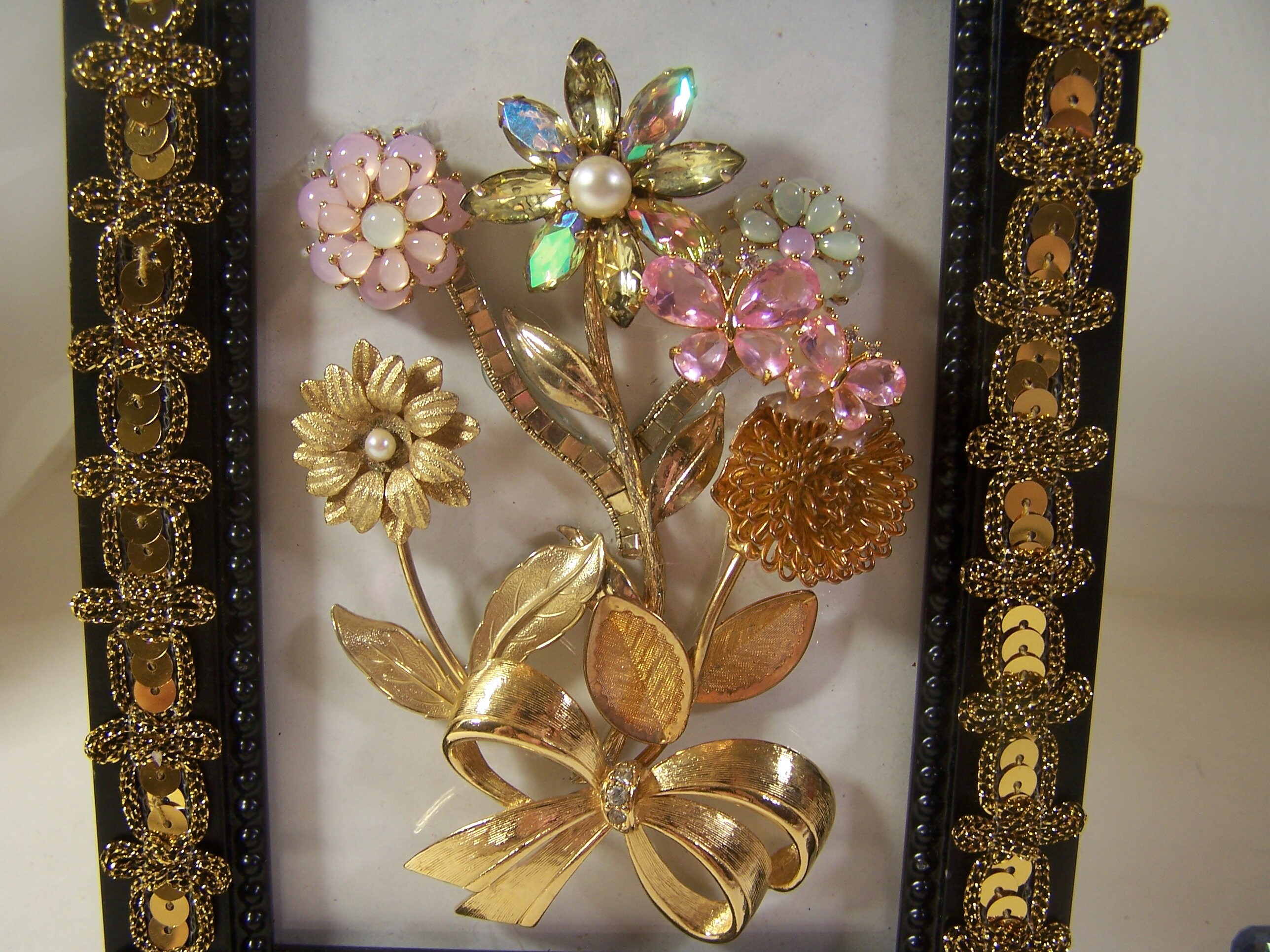 Picture Frame Black Wood W/a Glittering Bouquet of Vintage to Now Gold ...