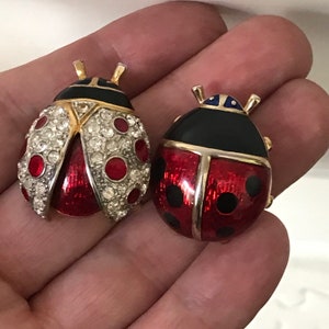 Vintage Lady Bird 2x Brooches Enamel and Rhinestone Set Gold Plated C ...