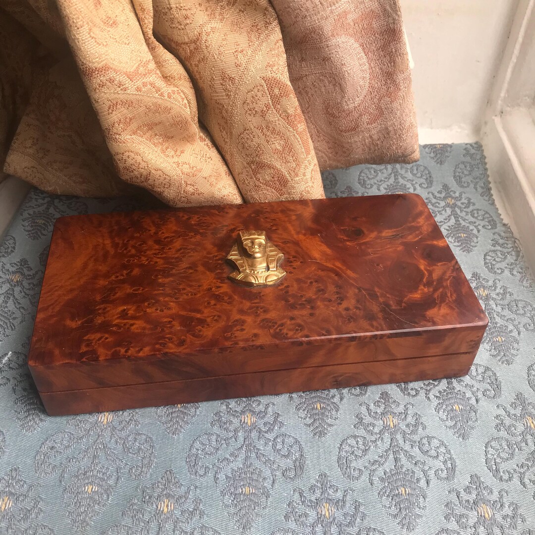 Old Egyptian Revival Wooden Cigar Box Ormolu Brass Pharaoh Face Vintage ...
