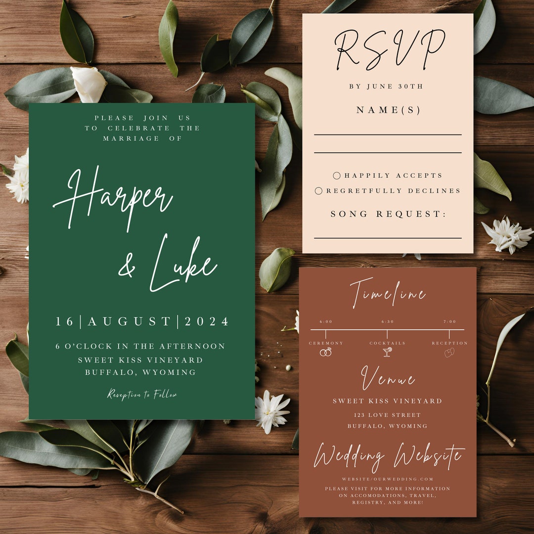 Rustic Earth Tones Minimalistic Wedding Invitation Suite - Instant ...