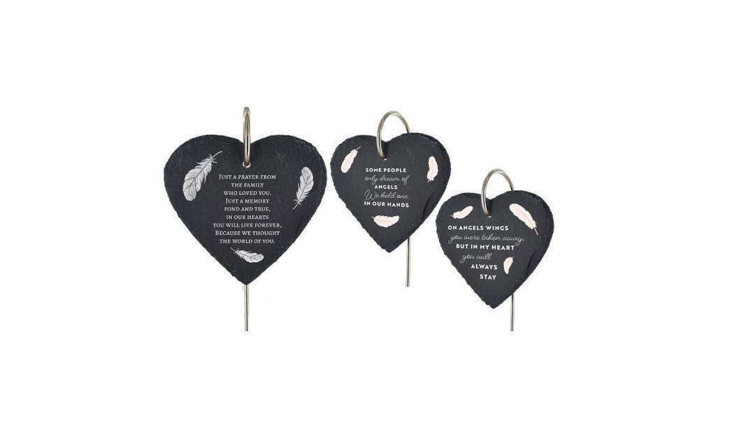 Feathers Grave Stick Marker Plaque Slate Heart Ornament Graveside Stake ...
