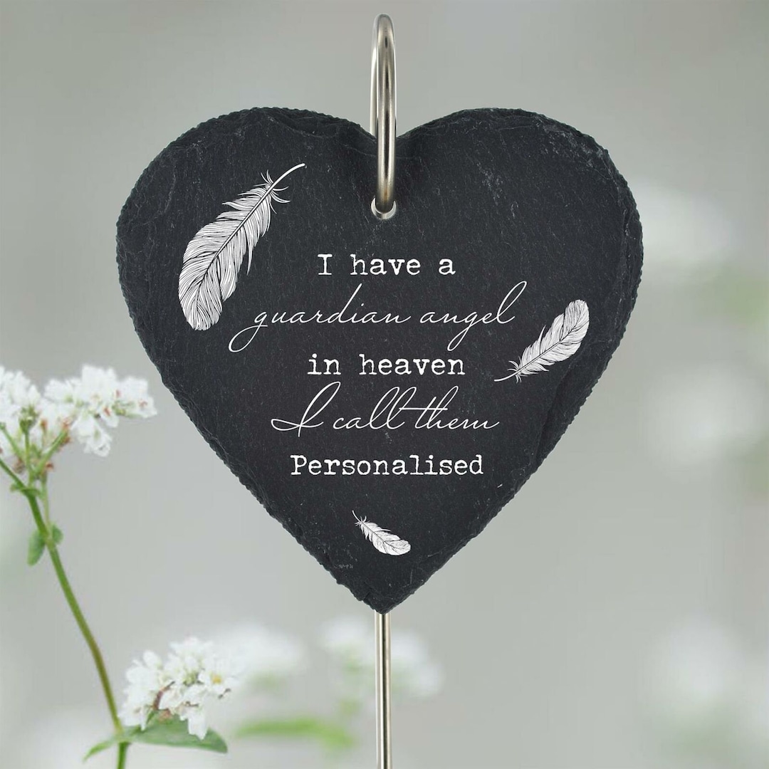 Personalised Grave Stick Feather Guardian Angel in Heaven Slate Plaque ...