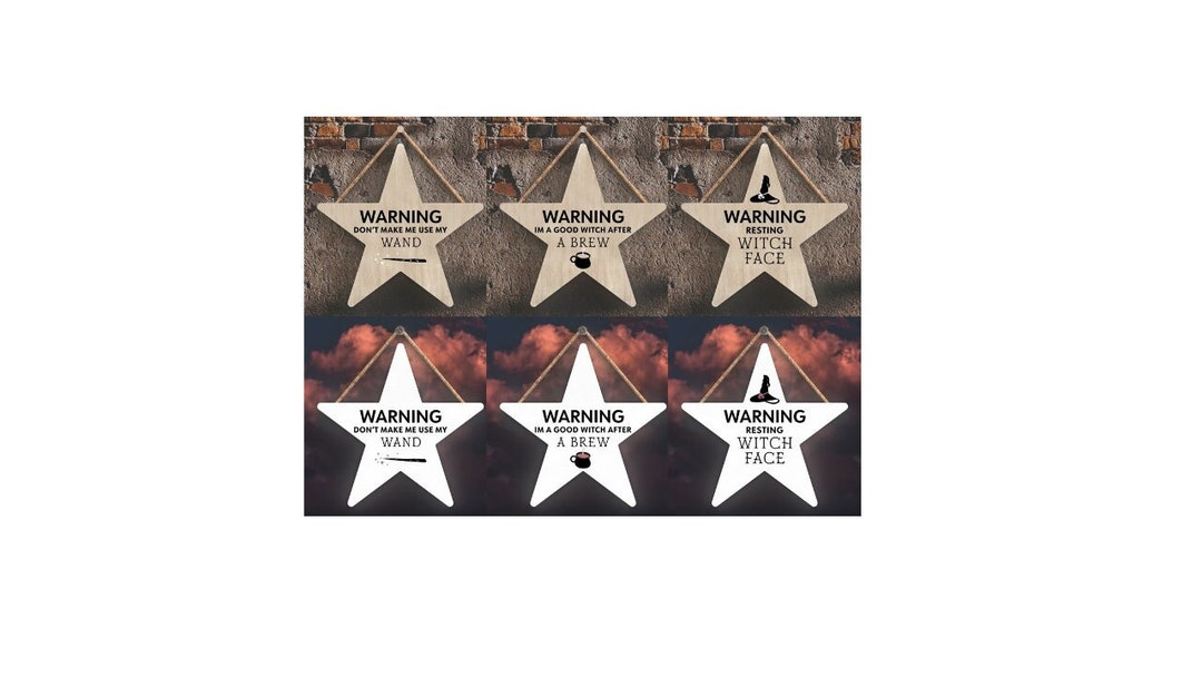 Warning Witch Plaque Sign Star Shaped Magic Wand Resting Witch Face ...