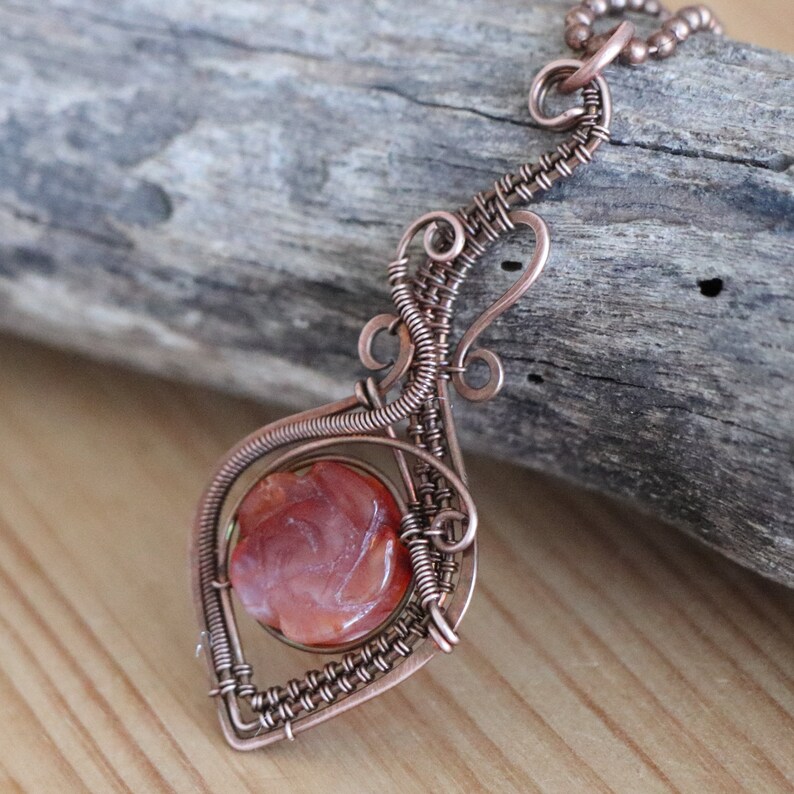 Boho Rose Quartz Necklace: Copper Wire Wrapped Floral Pendant - Etsy