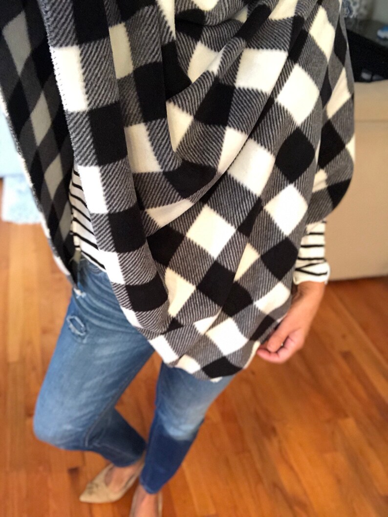 Buffalo Plaid Check Poncho Fall Outfit White Black Fleece - Etsy