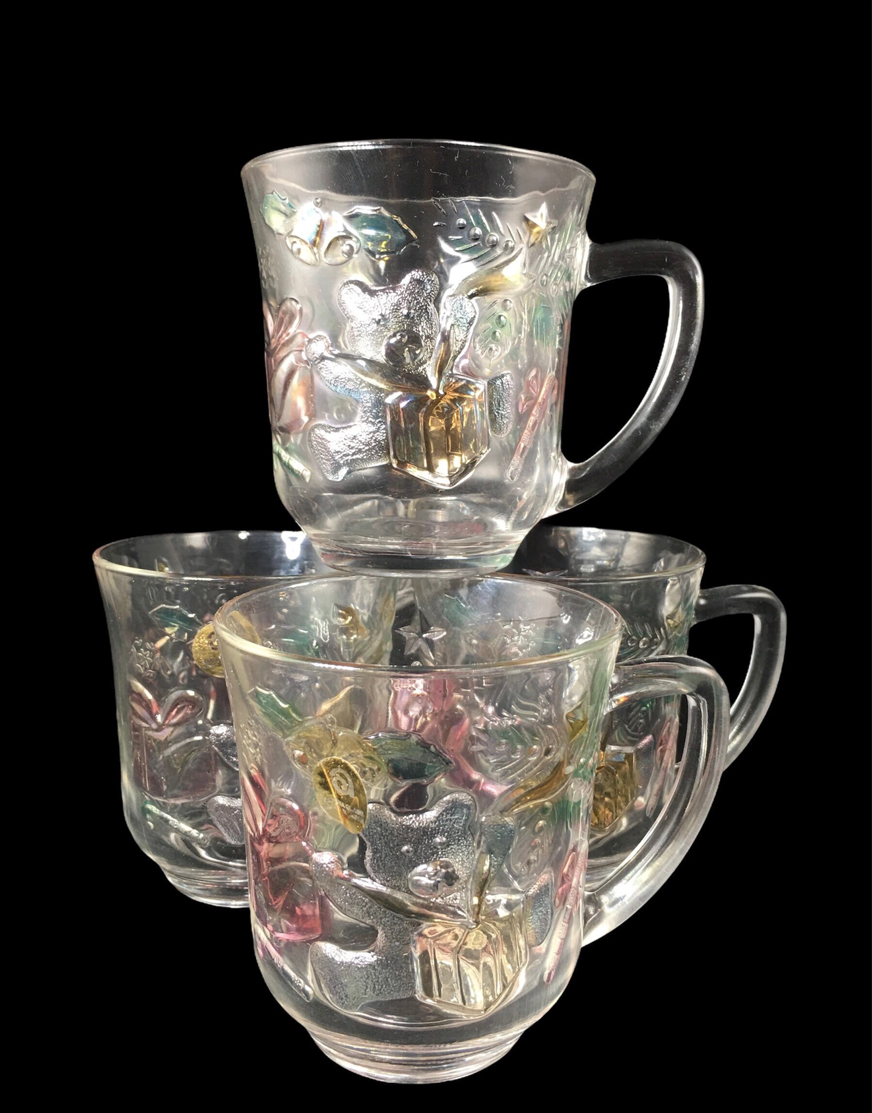 Rare Vintage Aderia Glass Christmas Mugs Set Of 4 Ishizuka | Etsy