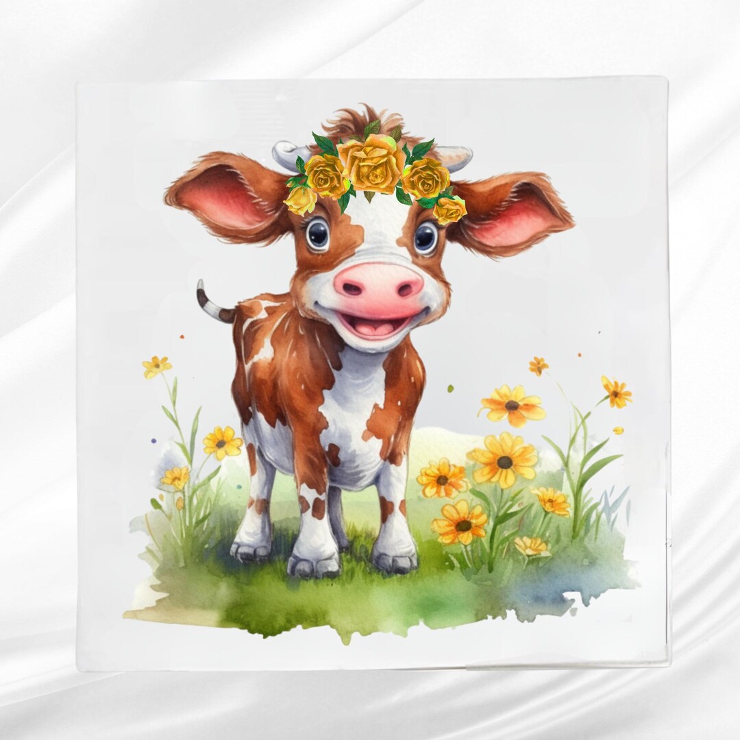 Holstein Calf Yellow Flowers Fabric Panel ~ Quilt Block ~ Square Fabric ...