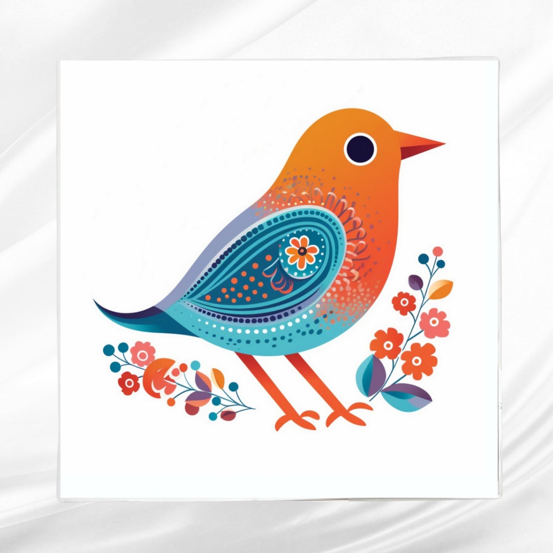 Folk Art Bird Fabric Panel ~ Folk Art Crafting Fabric ~ Square Fabric ...