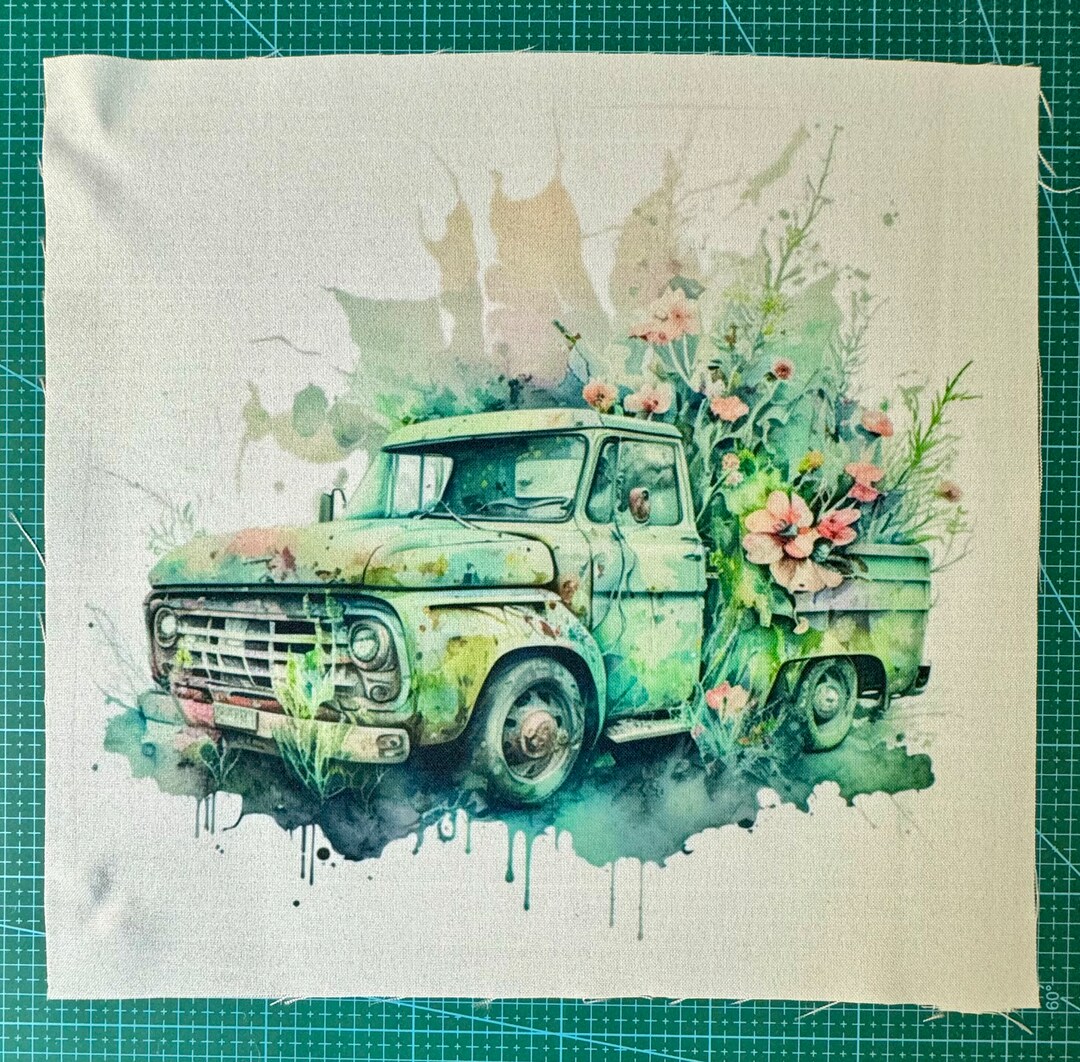 Green Truck Fabric Panel Truck Quilt Block Square Fabric Panel for ...