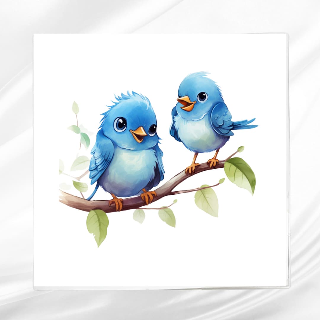 Blue Baby Birds Fabric Panel Blue Bird Crafting Fabric Square Fabric ...