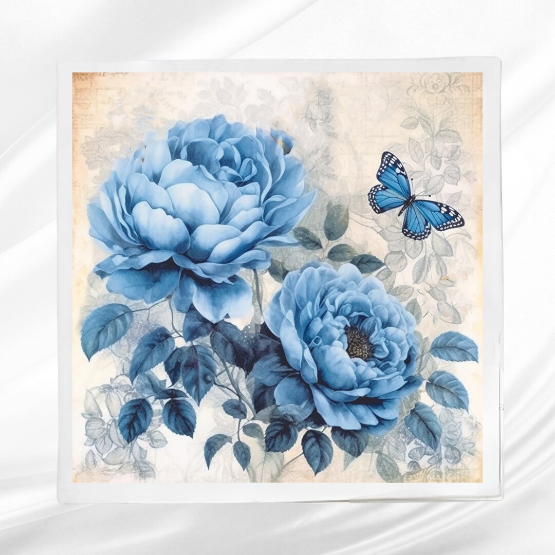 Blue Decoupage Style Fabric Panel Quilt Block Square Fabric Panel for ...
